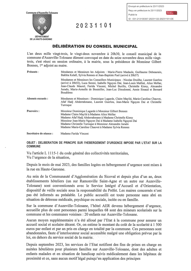 Extrait du Conseil Municipal du 22 novembre 2023 : délibération hébergement d'urgence ...